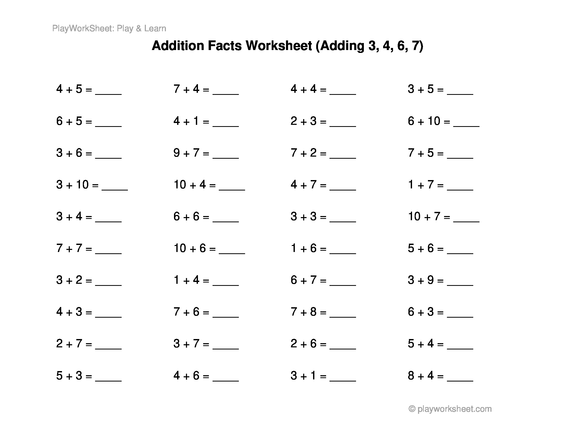 Basic Addition Facts Worksheet: Adding 3, 4, 6, and 7 | Free Printables ...