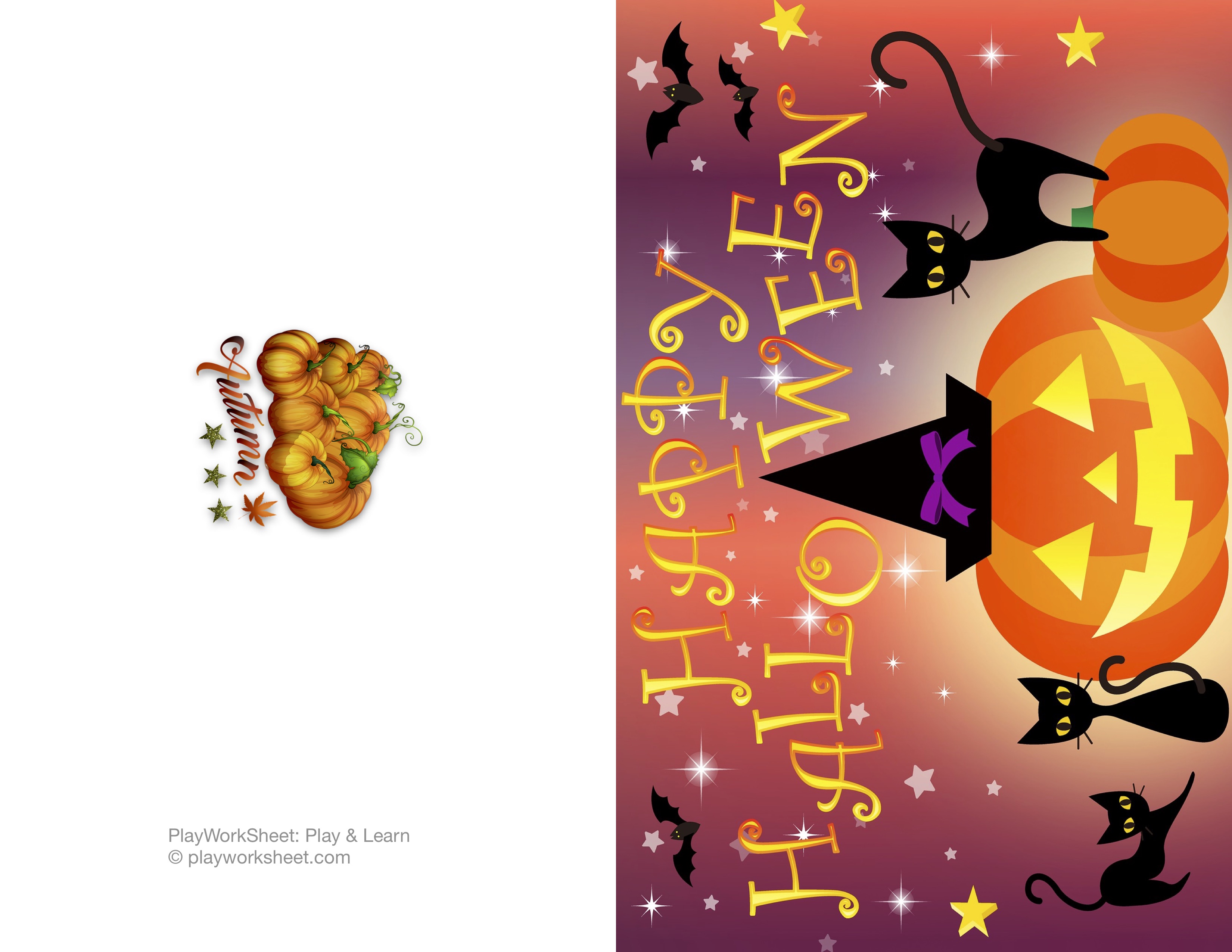 Happy Halloween card featuring pumpkins, black cats, bats and stars ...