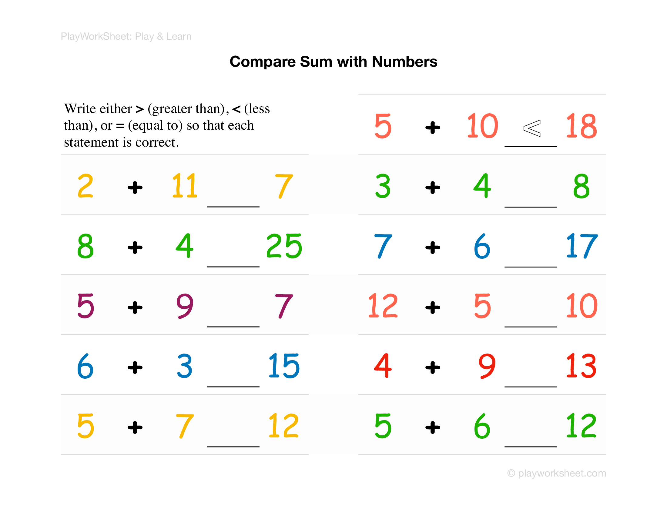 Worksheet on Comparing Sums and Numbers | Free Printables for Kids