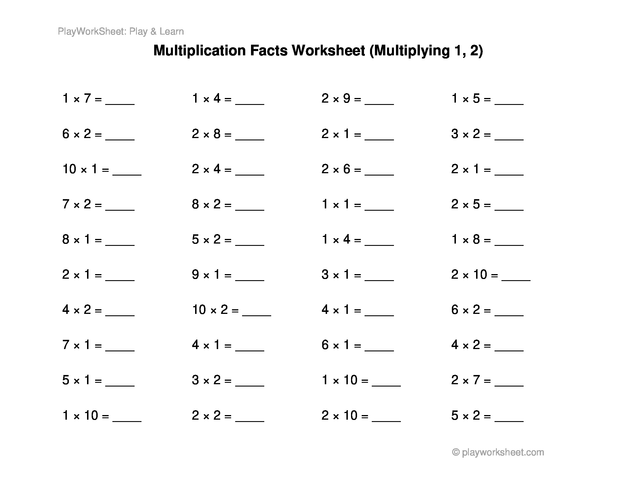 Basic Multiplication Facts Worksheet: Multiplying 1 and 2 | Free ...