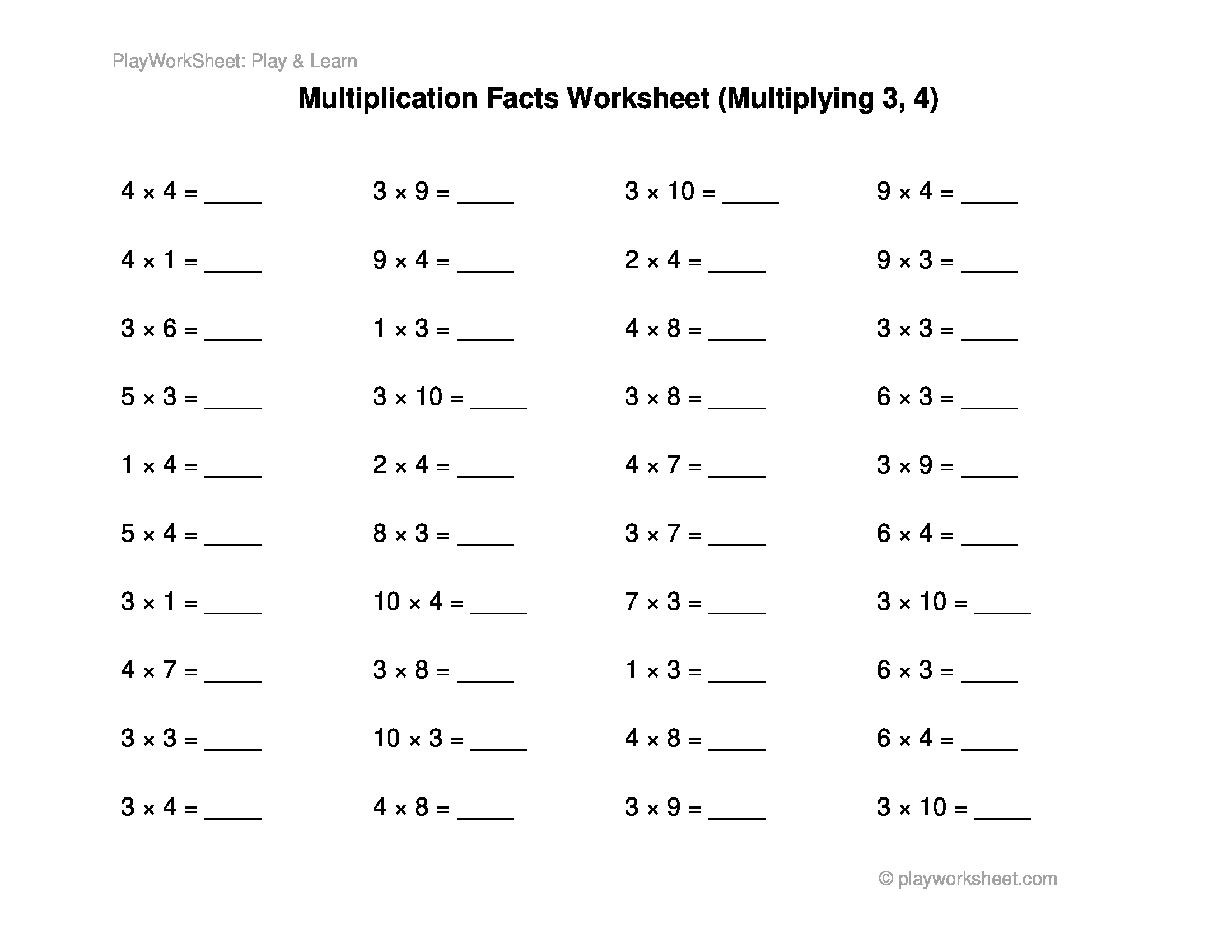 Basic Multiplication Facts Worksheet: Multiplying 3 and 4 | Free ...