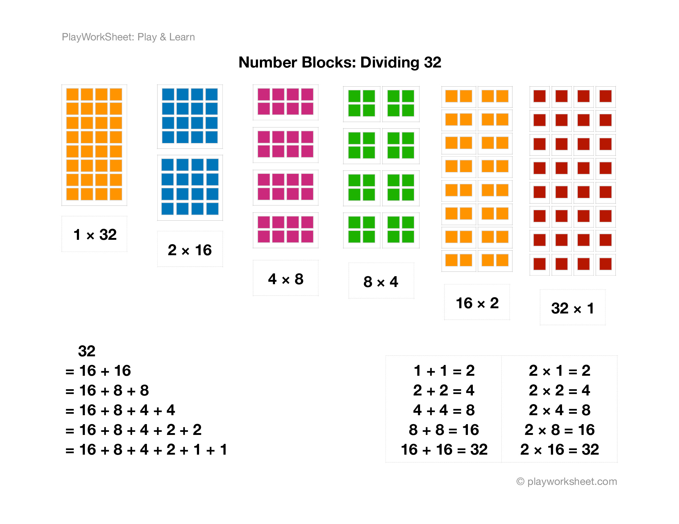 Number Blocks: Dividing 32 | Free Printables for Kids