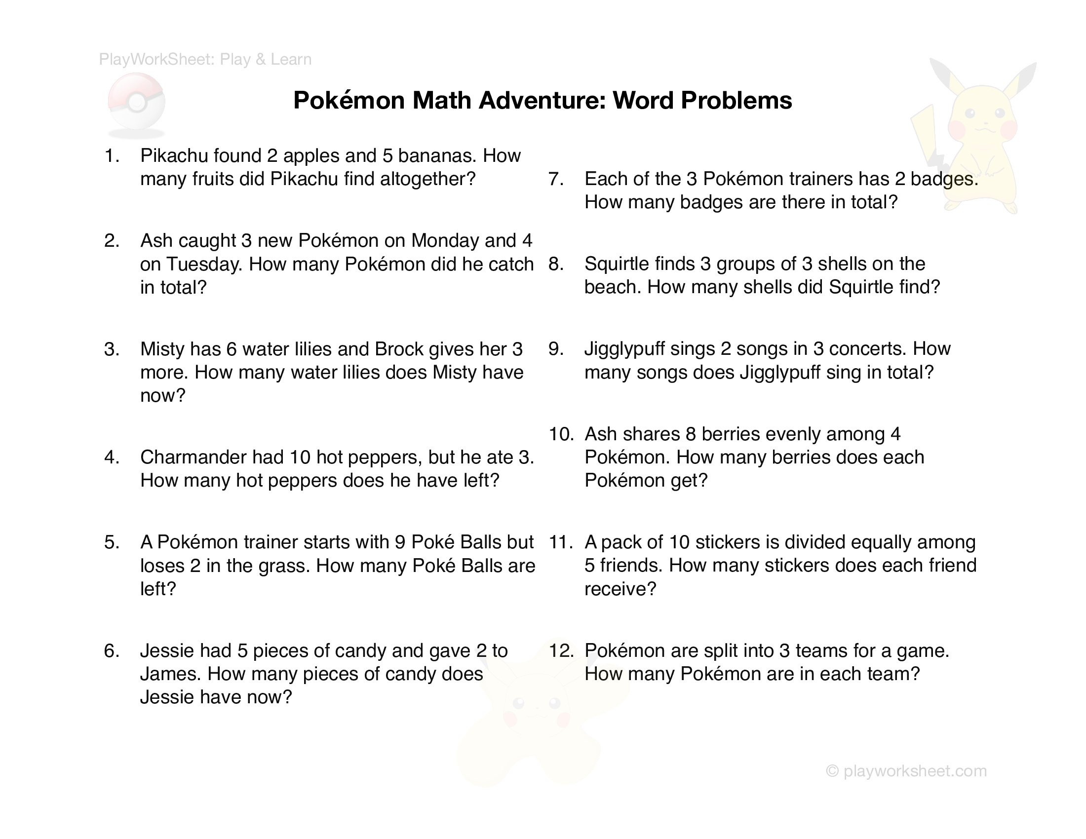 Pokémon Math Adventure: Word Problems | Free Printables for Kids