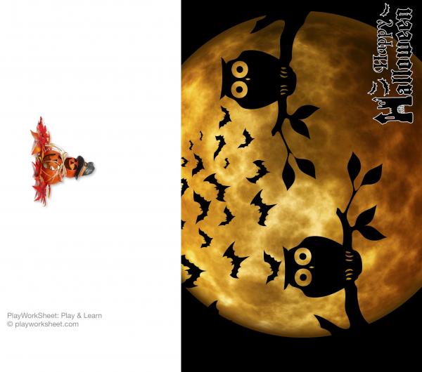 Happy Halloween card featuring moon, owls and bats | Free Printables ...