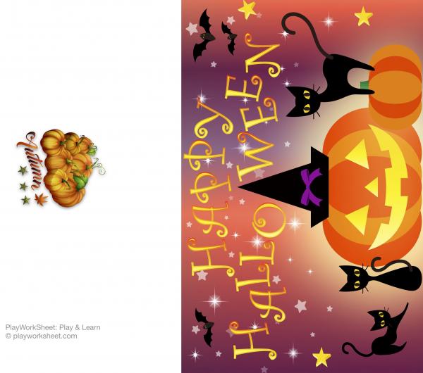 Happy Halloween card featuring pumpkins, black cats, bats and stars ...