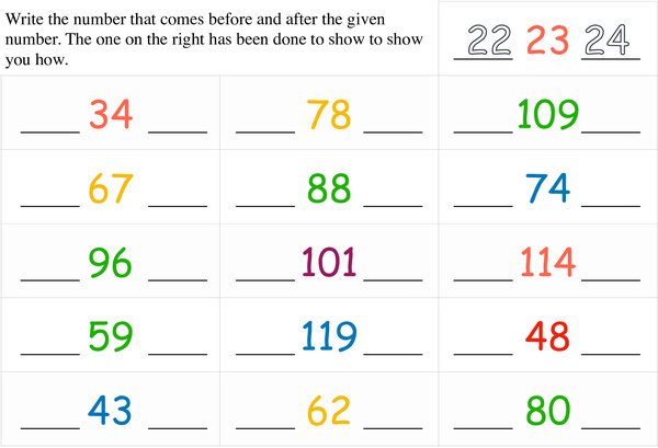 Write Numbers Before and After a Number Under 120 | Free Printables for ...