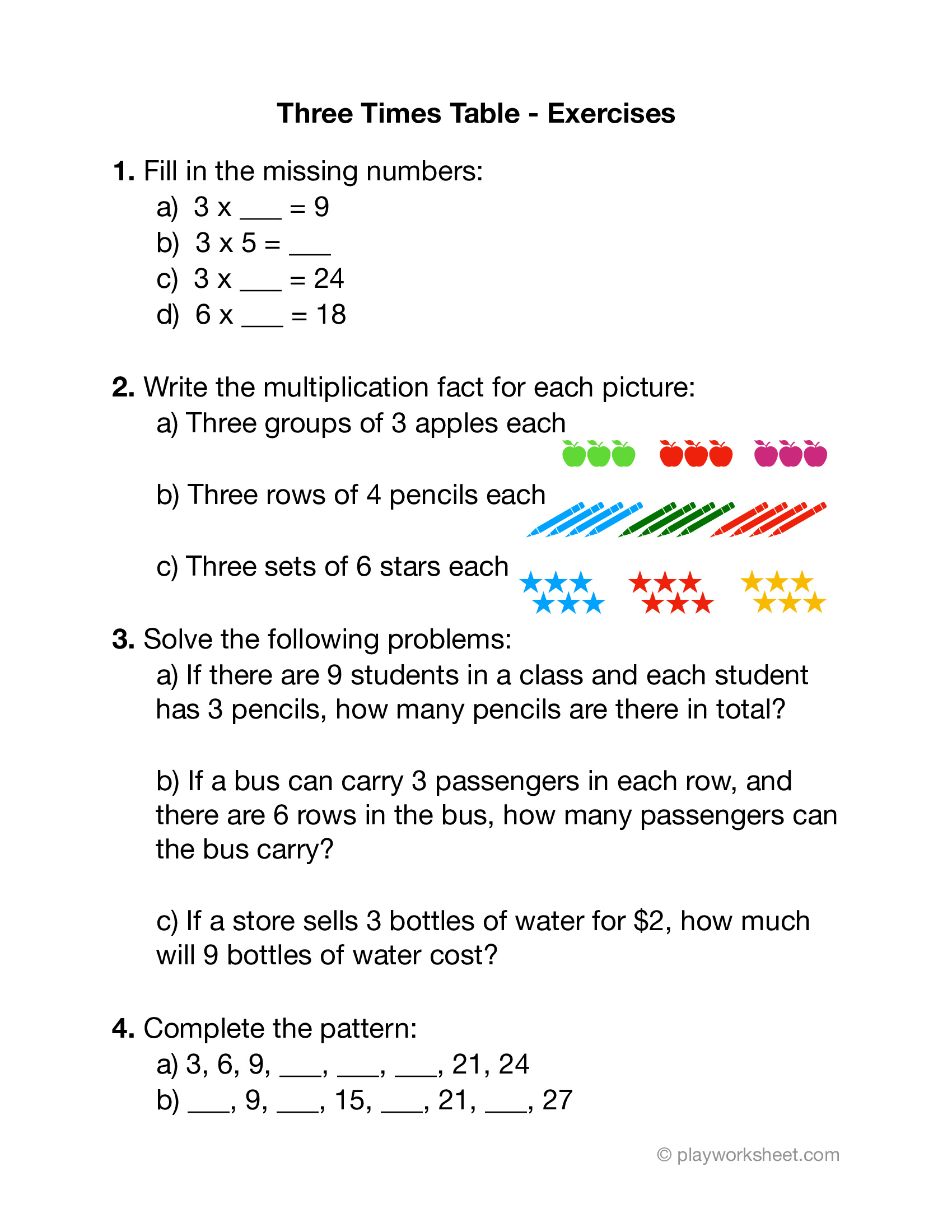 Exercises of Three Times Table | Free Printables for Kids