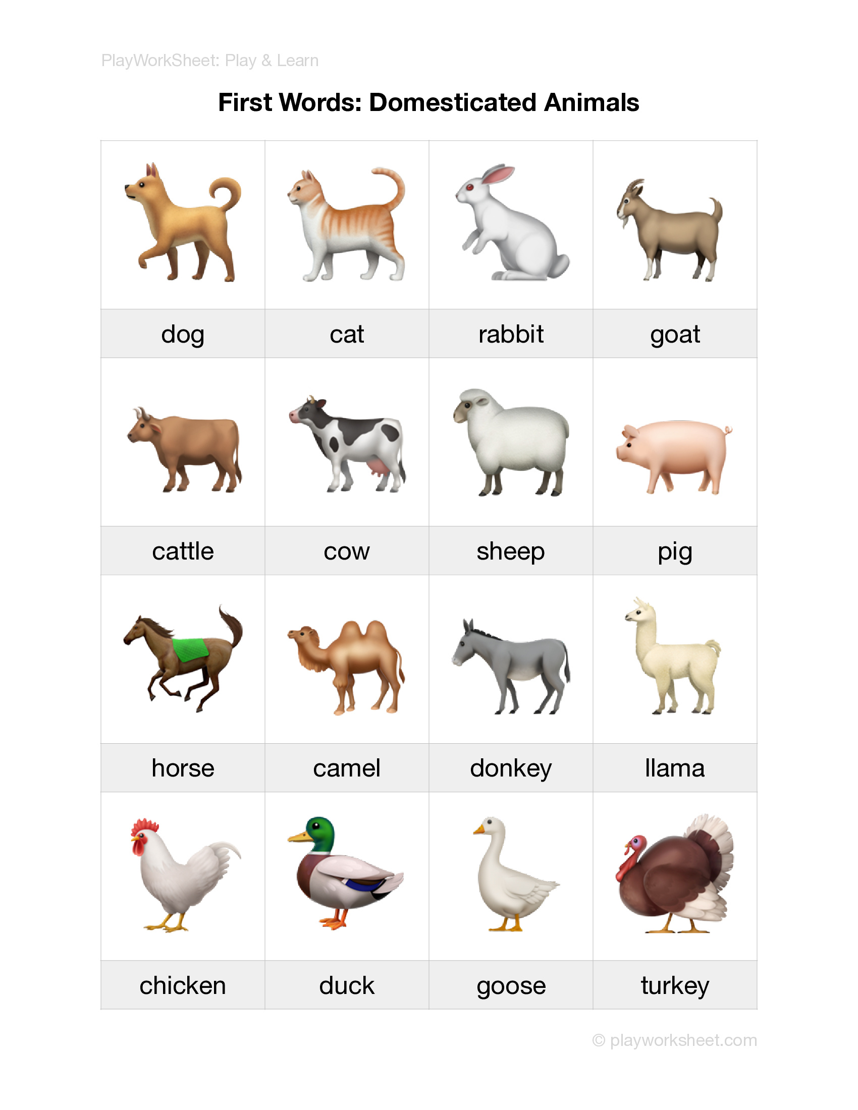 First Words: Domesticated Animals | Free Printables for Kids